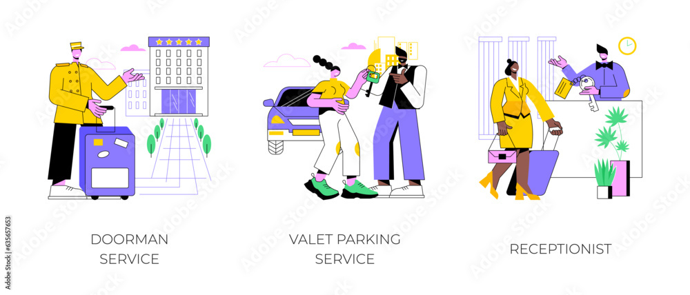 Hotel service isolated cartoon vector illustrations set. Smiling ...