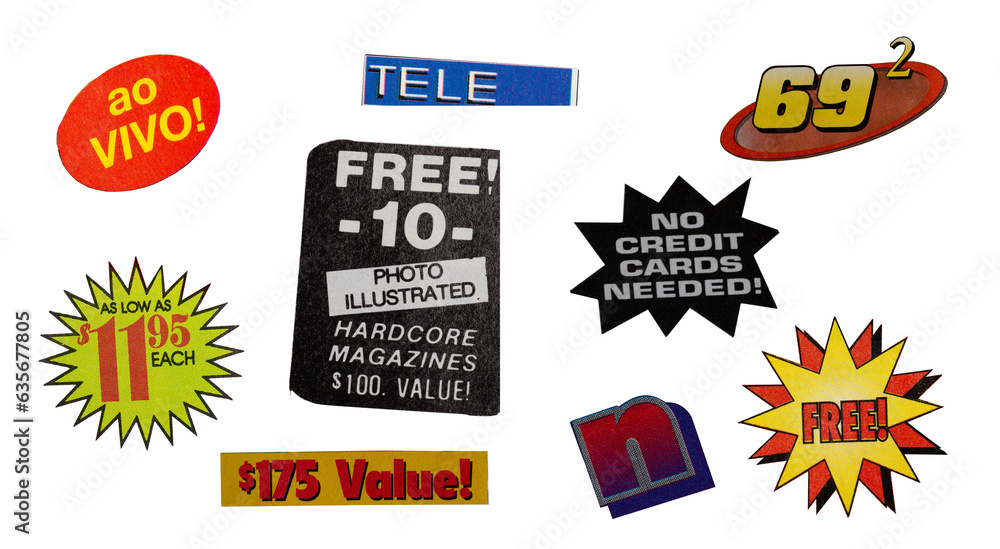 Cut out magazine vintage labels, price, words, stickers, letters, tags ...