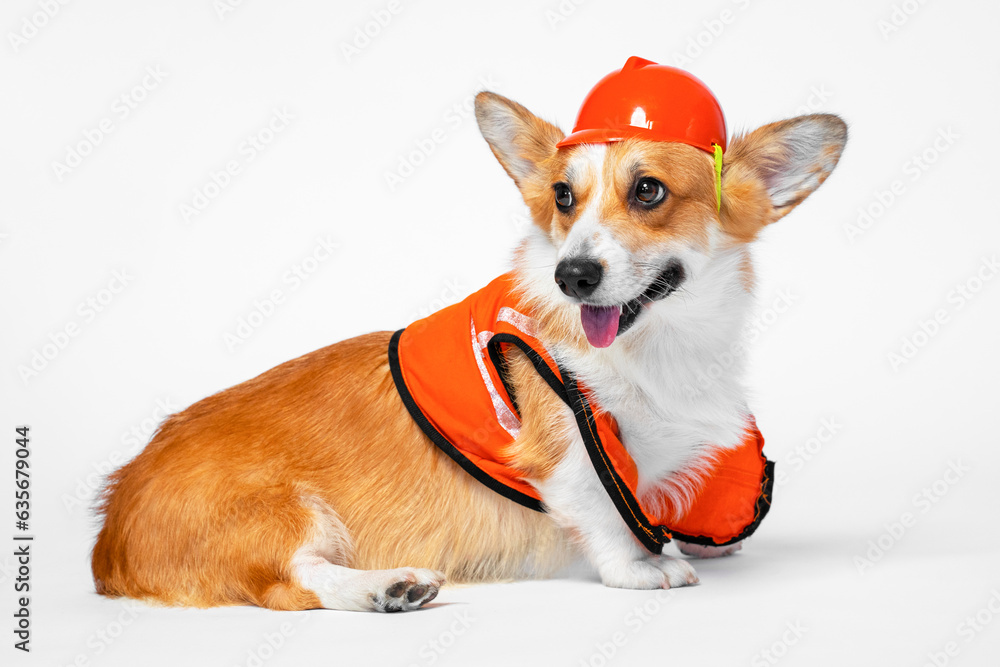 Corgi dog sits half turned in red construction worker safety helmet ...