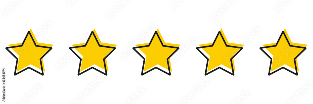 Yellow color five star icon with black stroke isolated on white ...