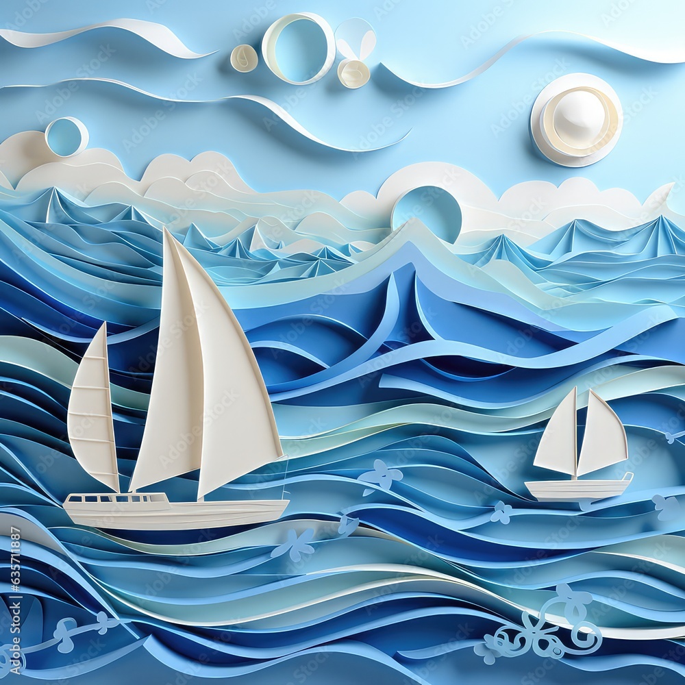 Sailboat floating on choppy waves in the vast ocean. Abstract Paper Art ...