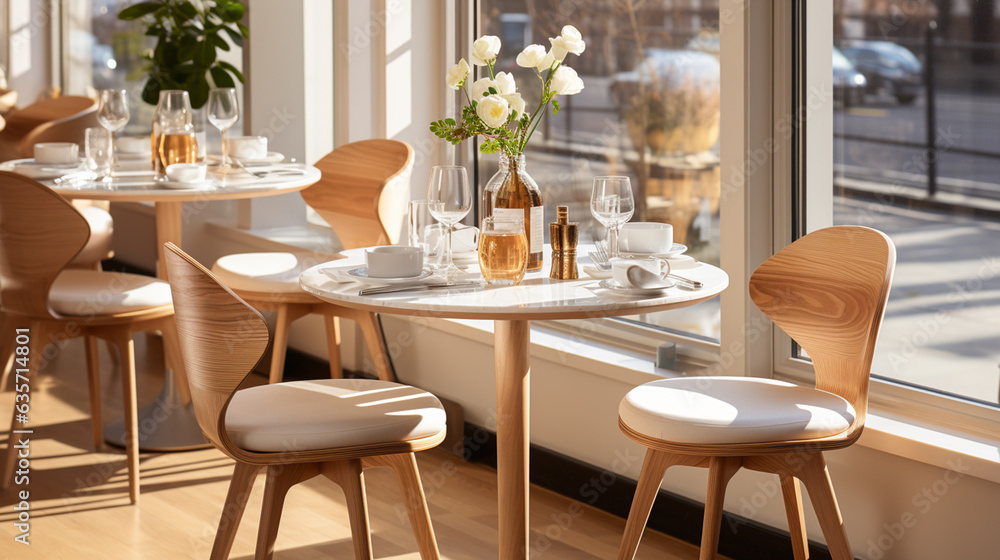 Restaurant interior background, modern decorated with flowers and green ...