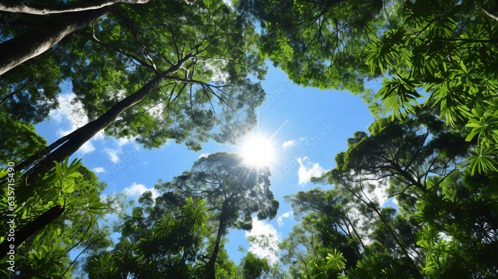 Immersed in a Dense Forest, Upward View of Green-Needled Canopy Against ...