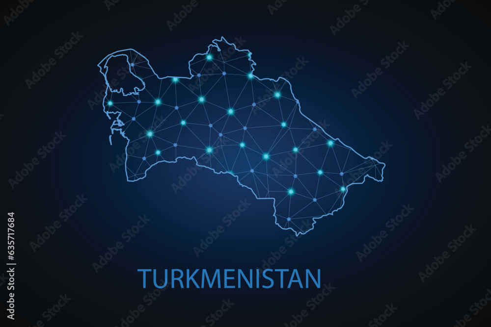 Map of Turkmenistan. Wire frame 3D mesh polygonal network line, design sphere, dot and structure ...