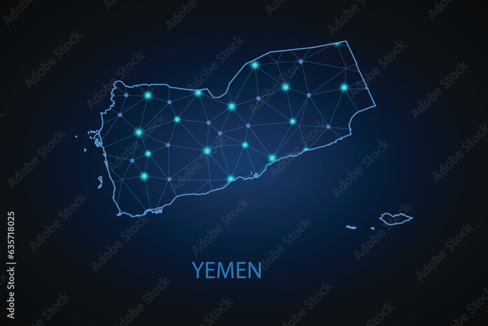 Map of Yemen. Wire frame 3D mesh polygonal network line, design sphere, dot and structure ...