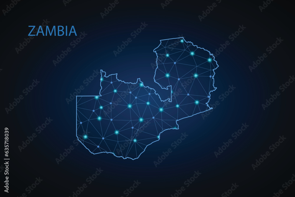 Map of Zambia. Wire frame 3D mesh polygonal network line, design sphere ...