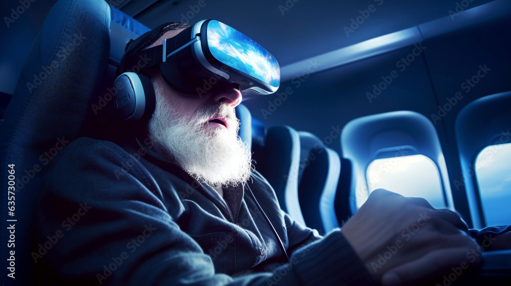 Old Male in VR headset inside a passenger airplane cabin, using virtual ...