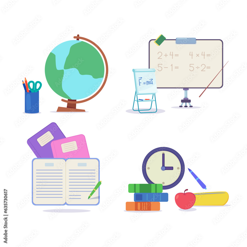 School supplies for different subjects vector illustrations set. World ...