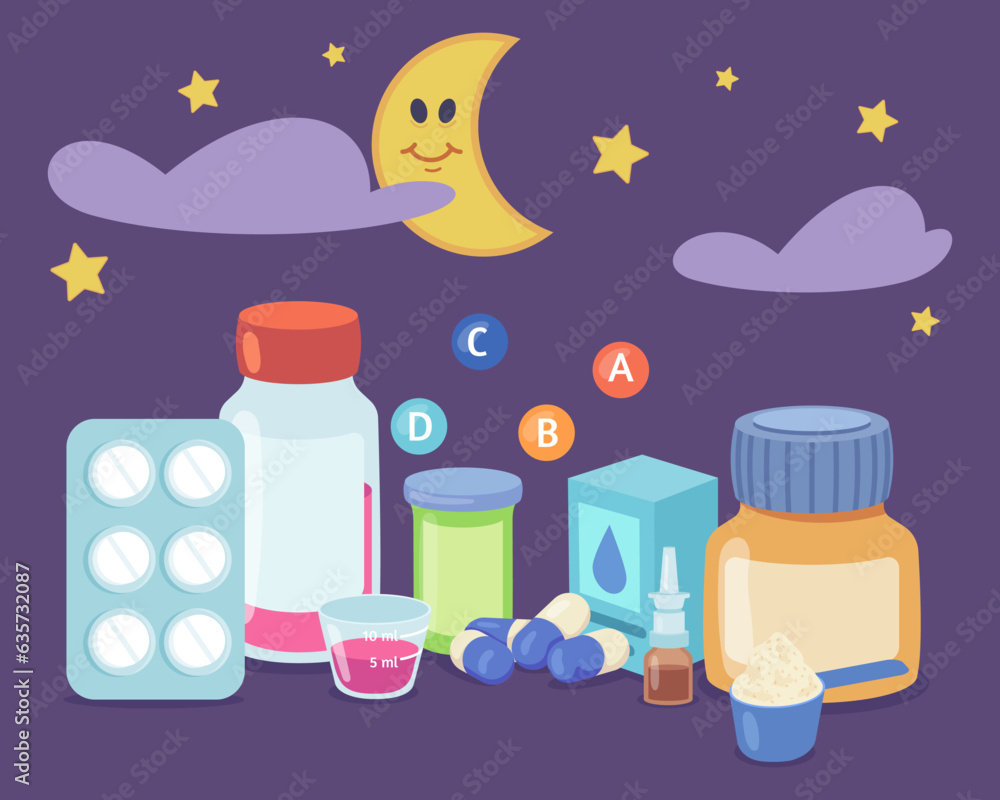 Medicine in bottles and pills for children vector illustration. Child ...