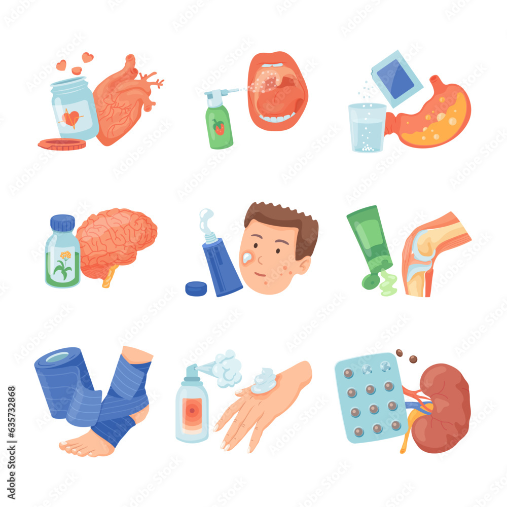 Disease symptoms with treatments vector illustrations set. Cartoon ...