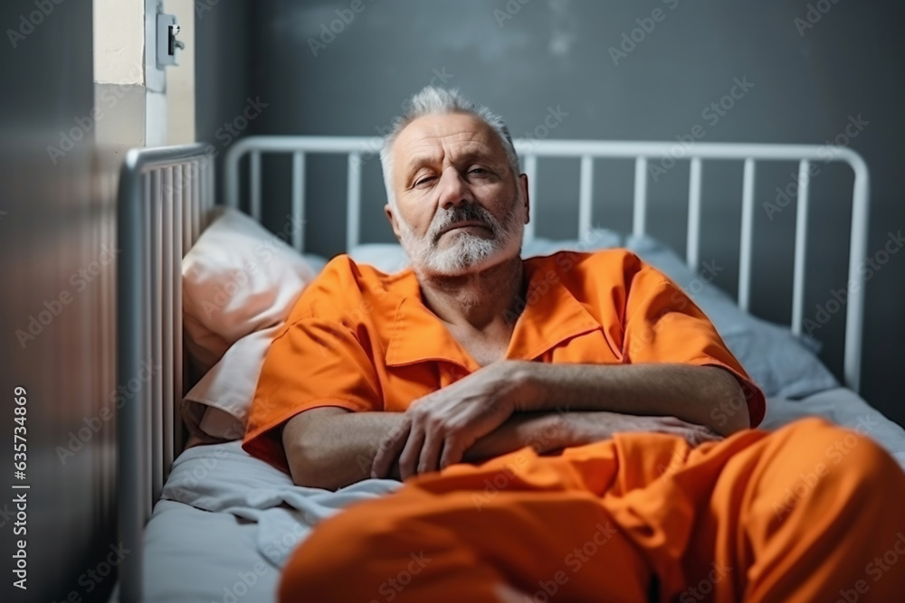Elderly criminal in orange uniform sits on prison bed and thinks about ...