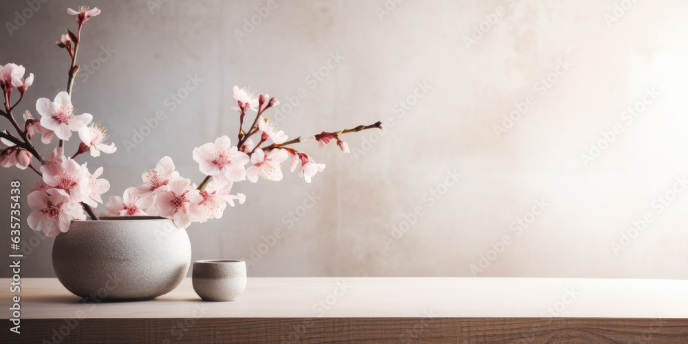Clean japanese still life with a branch of cherry blossoms on a wooden ...