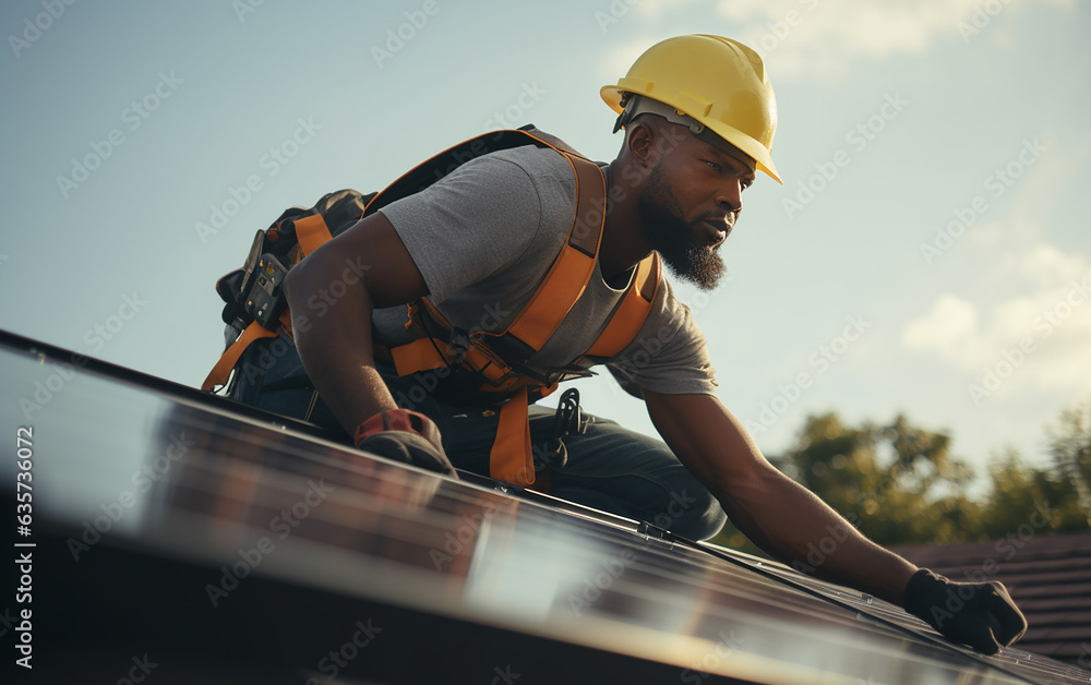 Black african american dark-skinned engineer instal a solar cell on a ...