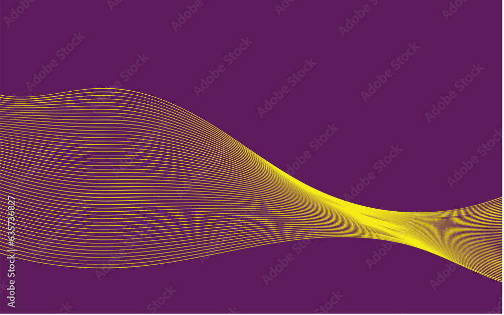 Abstract yellow wavy line art element on a purple background, modern ...
