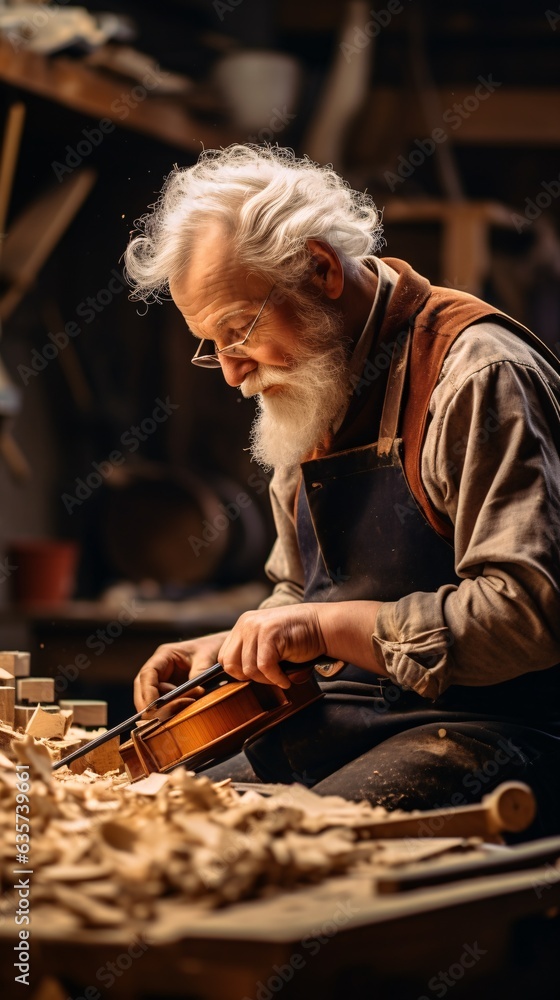a violin maker, surrounded by wood shavings, meticulously carving a ...