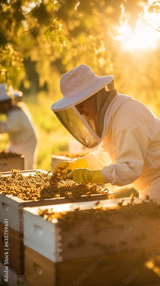 a beekeeper in protective white gear, the fine mesh of their veil ...