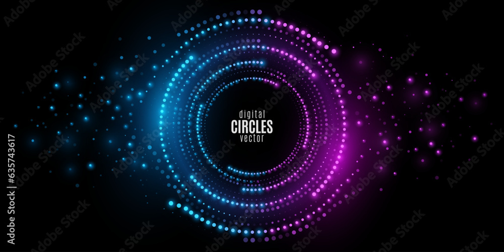 Digital circles of glowing dots. Big Data visualization into cyberspace ...