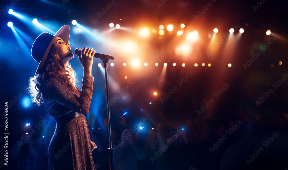 Female Singer on a stage holding a microphone while singing a song ...