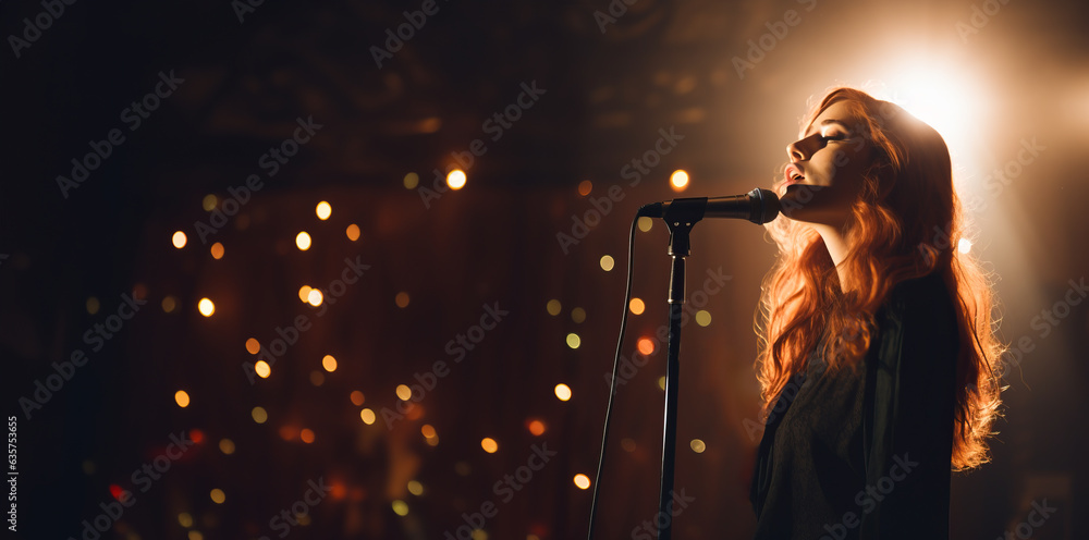 Female Singer on a stage holding a microphone while singing a song ...