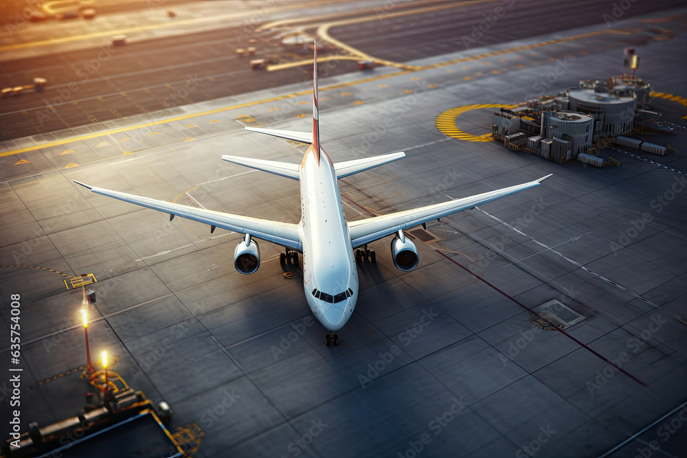 Aerial top view of airport with airplane running on runway for take off ...