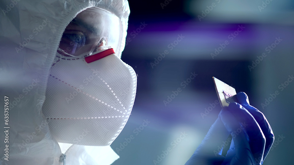 Engineer man in sterile suit is holding Microchip with symbols in ...