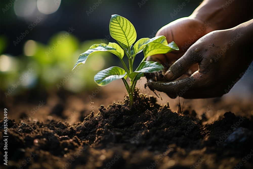 Hand pouring black soil on green bokeh background Planting a small ...