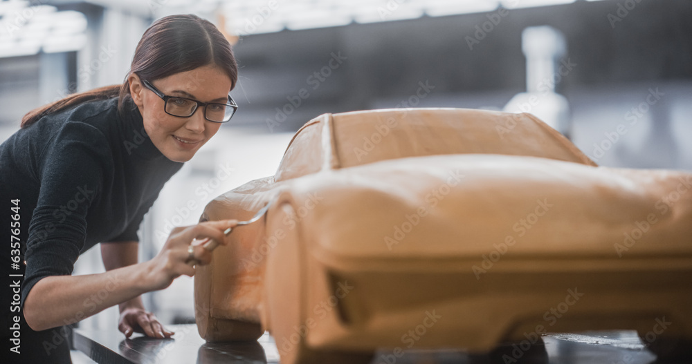 Close Up of a Female Automotive Designer Trimming a 3D Clay Model of a ...