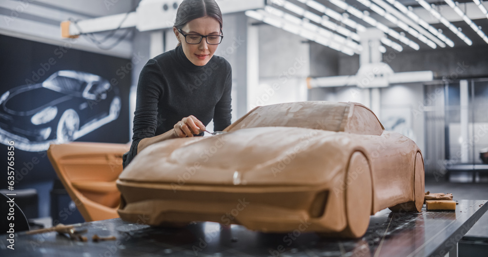 Portrait of a Female Automotive Designer Sculpting a 3D Clay Model of ...