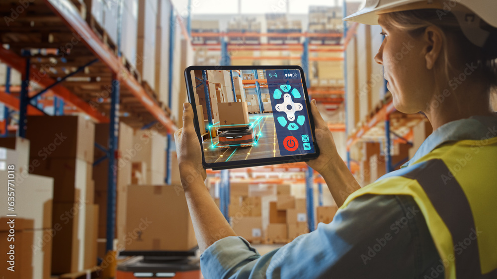 Future Technology Concept: Female Worker Holding Tablet With AR Remote ...