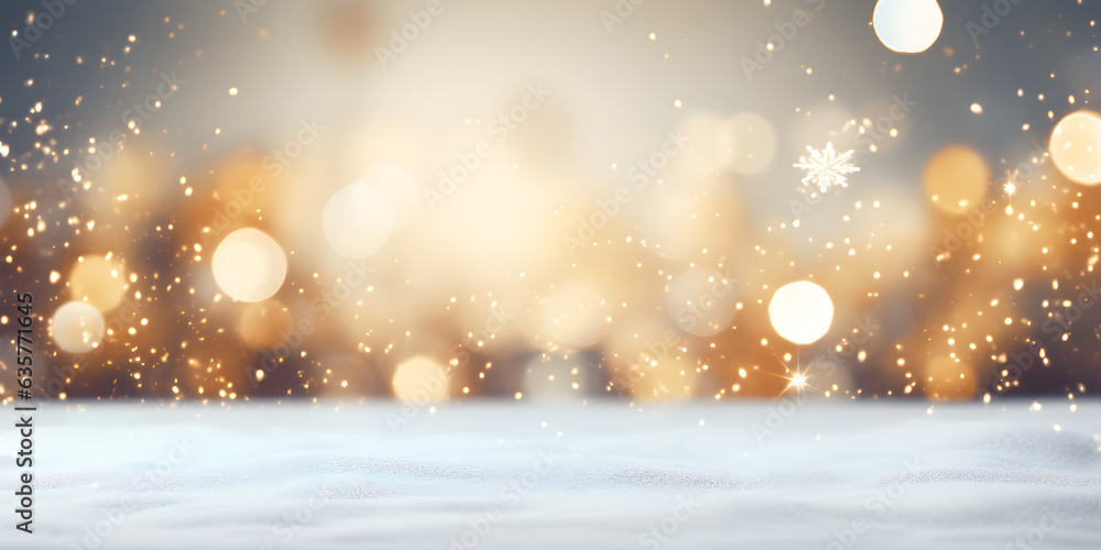 Abstract background Christmas lights in winter landscape with snow ...