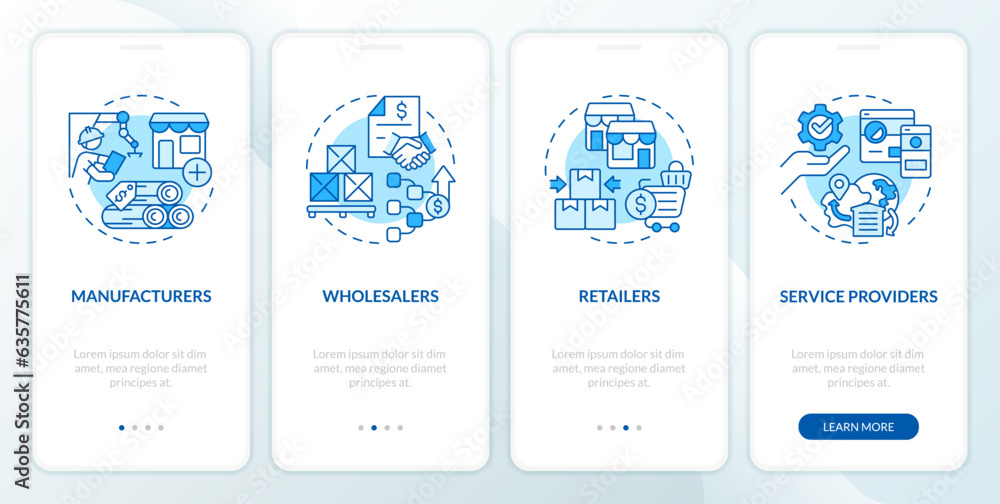 2D icons representing vendor management mobile app screen set ...