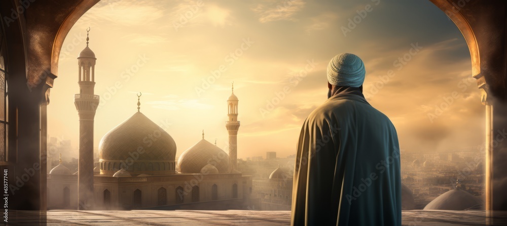 Muslim imam looking at beautiful mosque. Islam religion concept ...