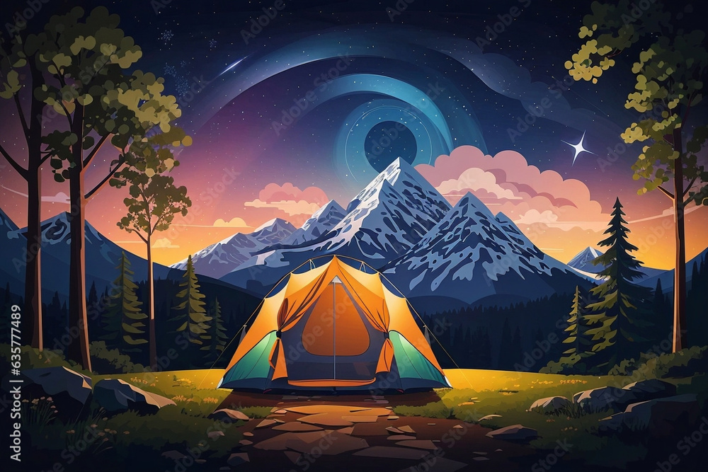 flat 2D vector illustration of a tent in front of an outdoor forest and ...