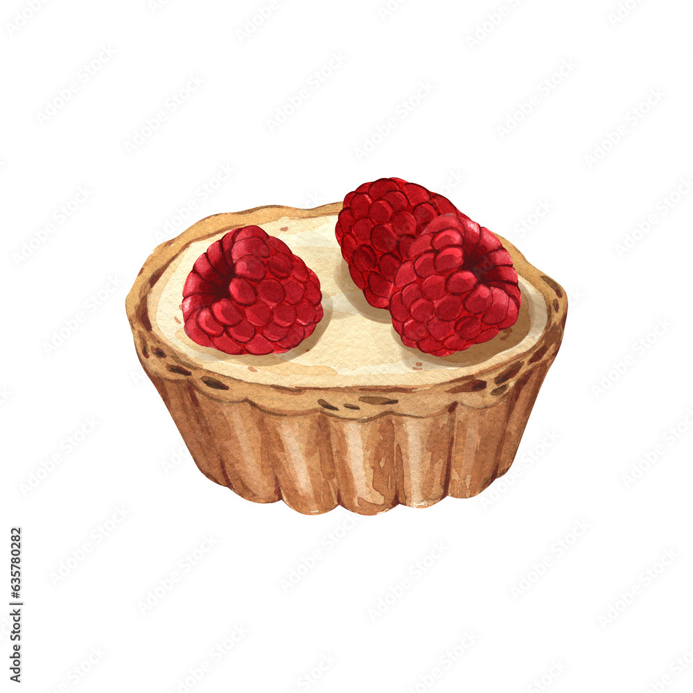 Watercolor dessert tart with raspberry, baked fresh berry dessert with ...