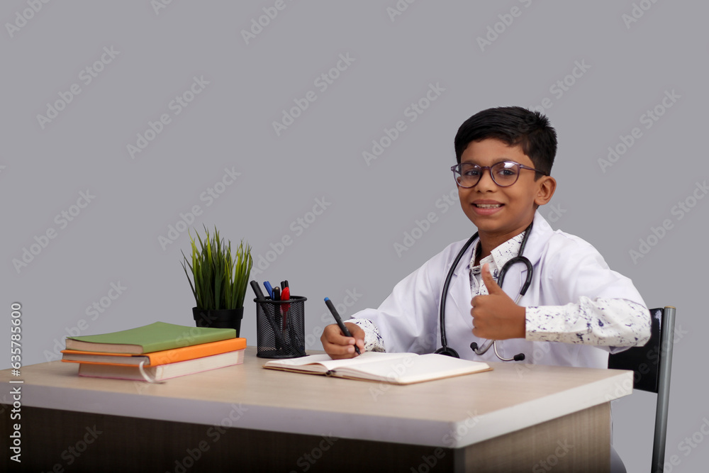 Indian Asian kid boy aged 7 to 8, wearing a doctor apron with ...
