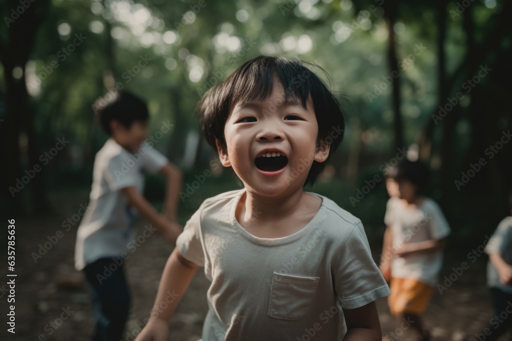 Asian happy smiling preschooler boy playing with a group of friends in ...