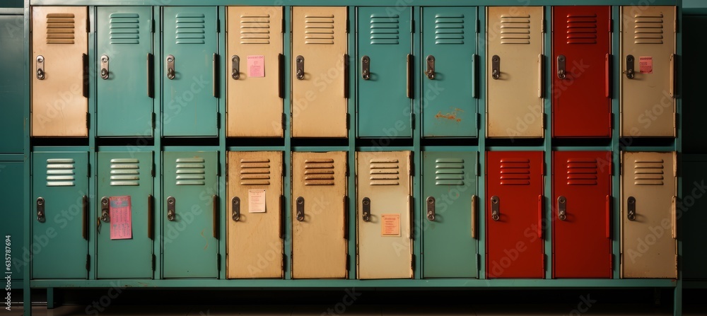 Retro red lockers. Generative AI technology. Stock Photo | Adobe Stock