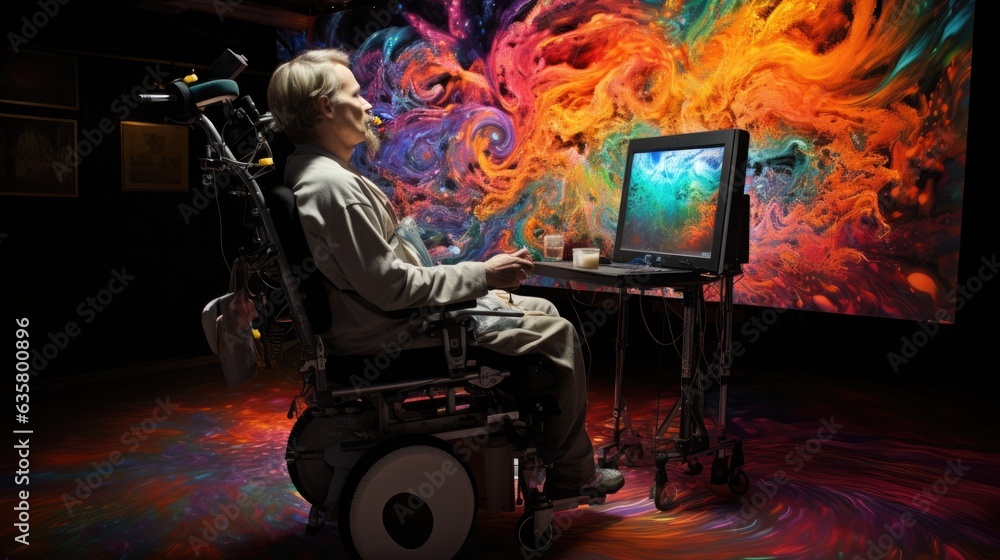 A disabled artist in a wheelchair in an art studio draws a picture with ...