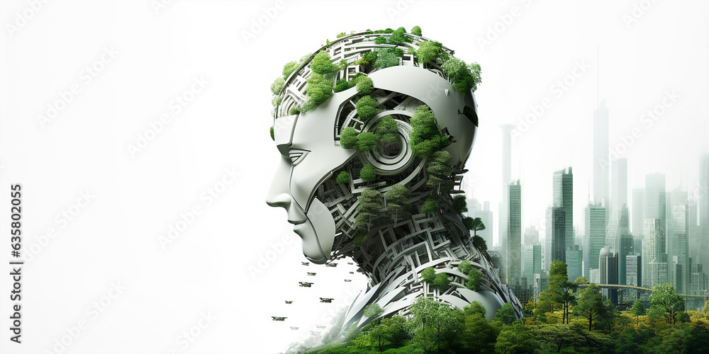 Generative AI of Stylish handsome cyborg head city and green forest ...