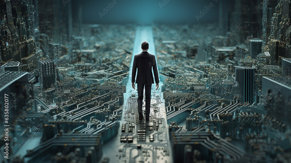 Future of Successful businessman walking in computer circuit boards ...