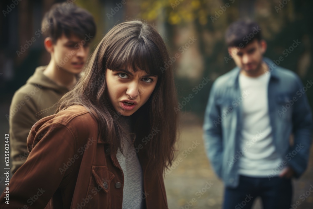 Unfriendly people laugh at lonely girl pointing at her. Bad students ...