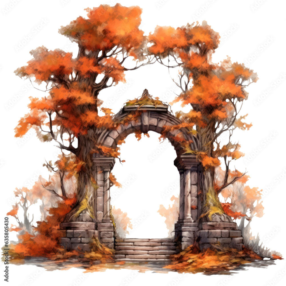 Fall stone arch in the Magic forest with trees and brunches, red and ...