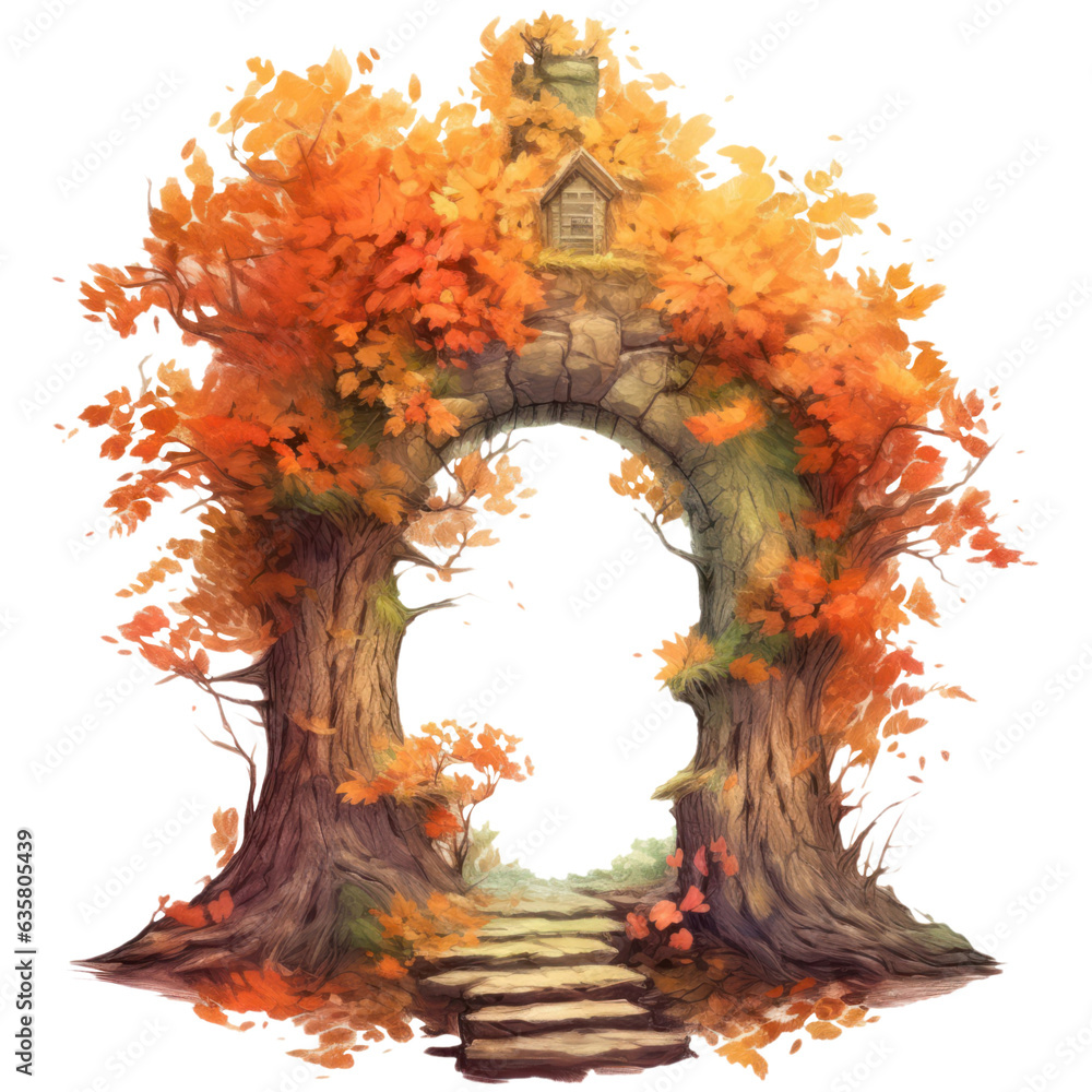 Fall arch in the Magic forest with trees and brunches, red and orange ...