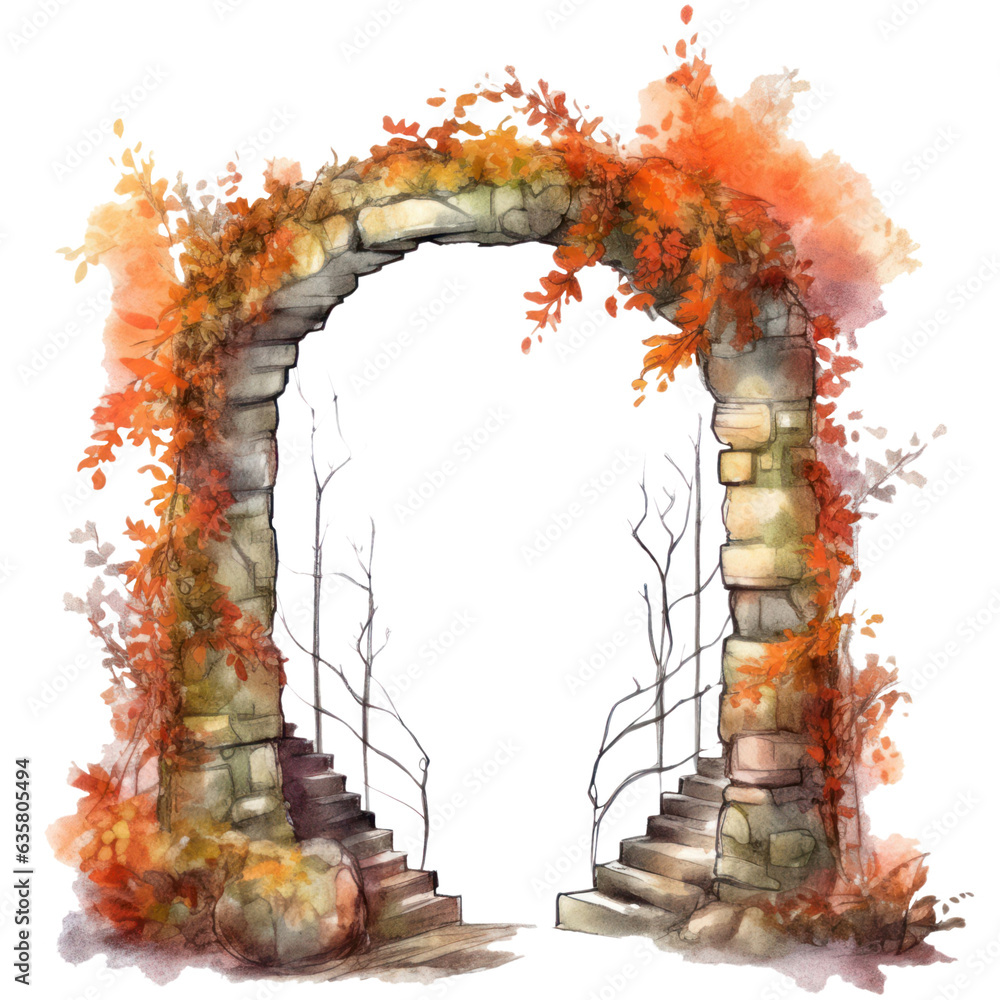 Fall stone arch in the Magic forest with trees and brunches, red and ...