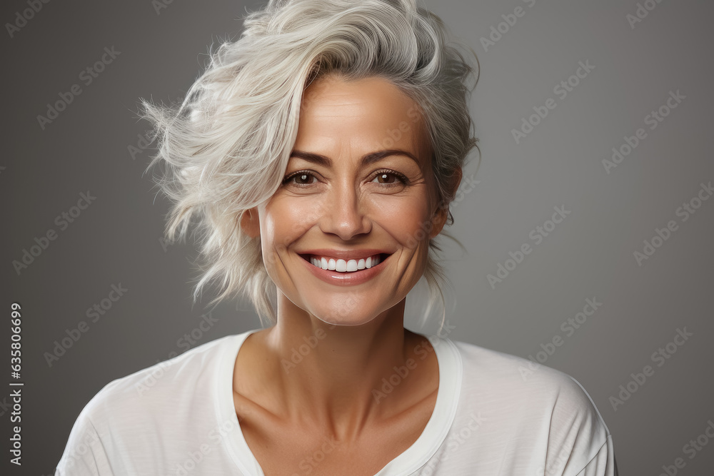 Beautiful senior woman portrait mid 50s laugh and looking at camera ...