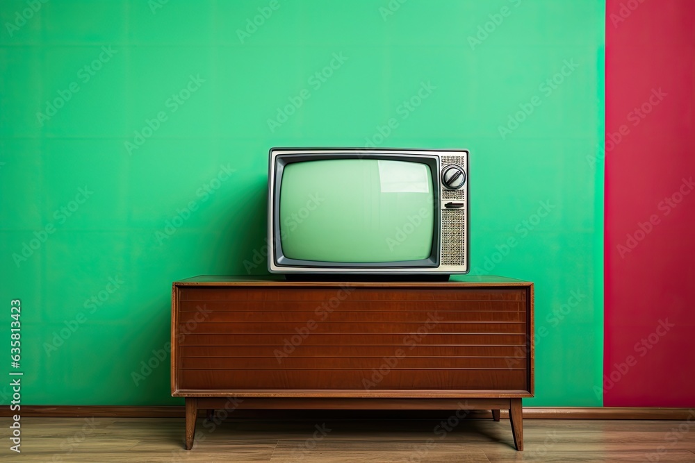 Vintage TV set with green screen display in a living room, capturing ...