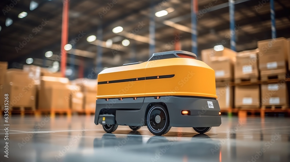 Mobile robot transporting a box in a warehouse, AGV robots, Automated ...