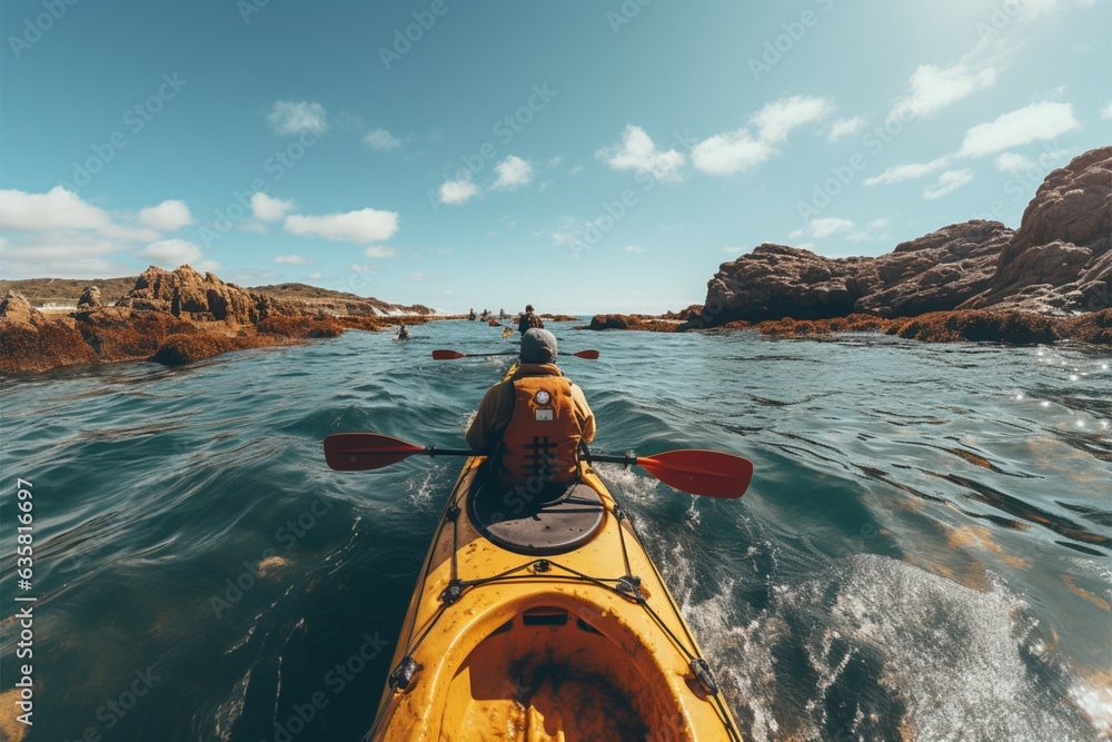 Group kayaking Rear view as kayaks gracefully navigate the seas expanse ...