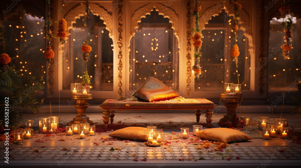 A beautifully lit traditional Indian home with flickering diyas and ...