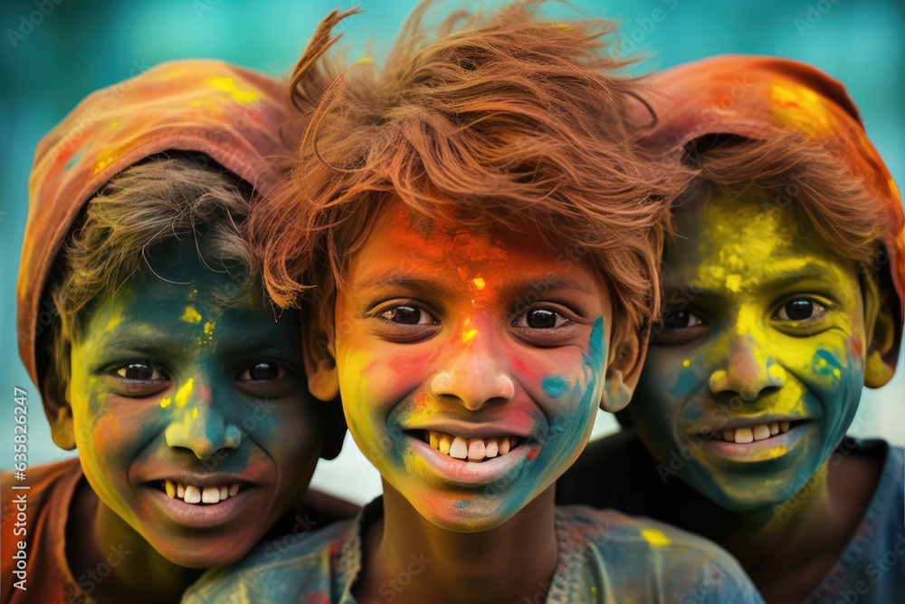 Three Young Indian Children Playing with Paint. A fictional character ...